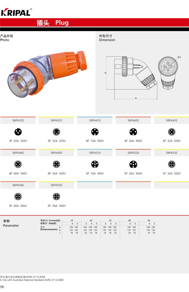 Orange 56 Series 500V Angled IP66 Plugs / Outdoor Plug Customized