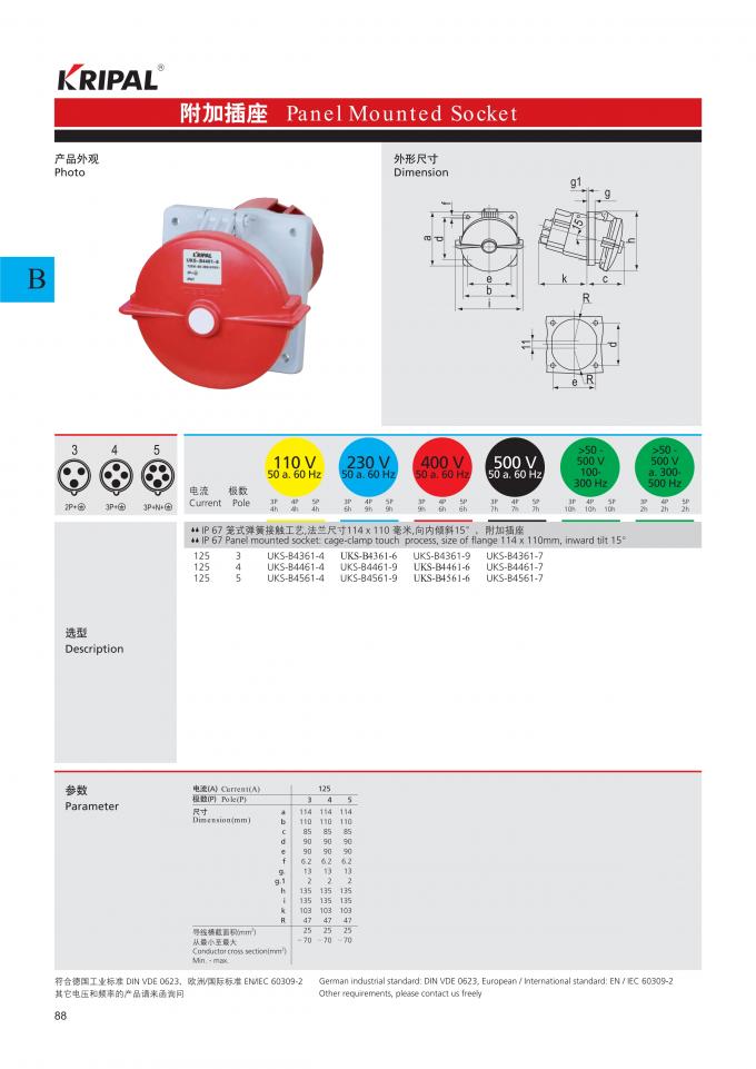 125A 380V IP67 Three Phase Industrial Panel Mount Power Socket