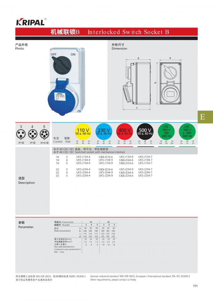 3P 16A IP44 Three Phase Interlocked Switch Socket IEC Standard