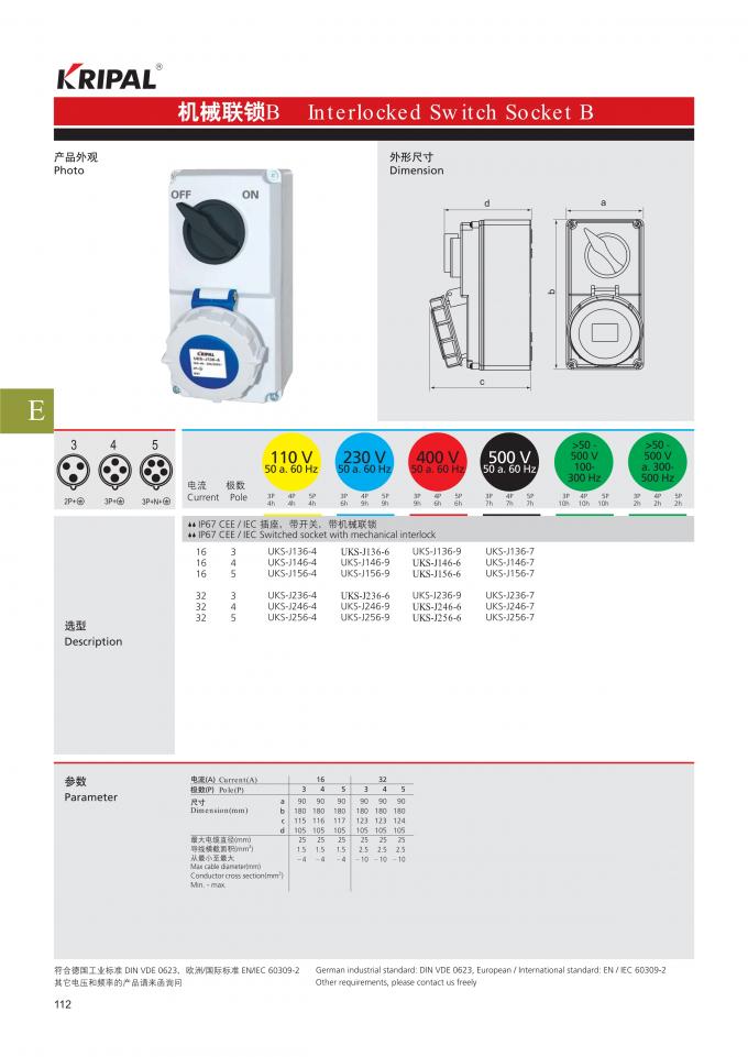 KRIPAL Three Phase 32A IP67 Interlocked Switch Socket IEC standard